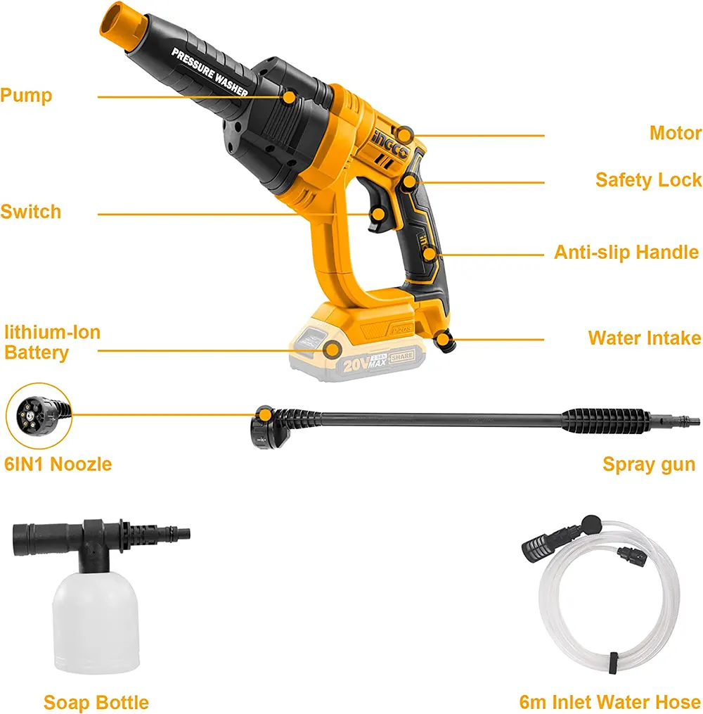 INGCO High Pressure Washer, 24.8 Bar, 20V, Cordless, Yellow, CPWLI2008 ...